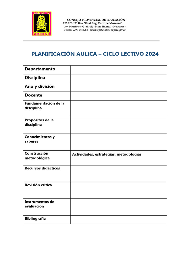 Modelo de Planificación Aulica 2024 | PDF