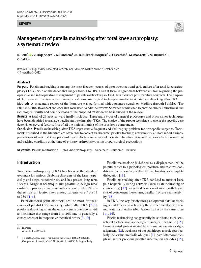Management of Patella Maltracking After Total Knee Arthroplasty: A ...