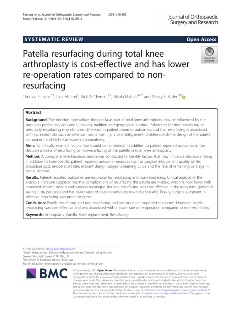Patella Resurfacing During Total Knee Arthroplasty Is Cost-Effective ...