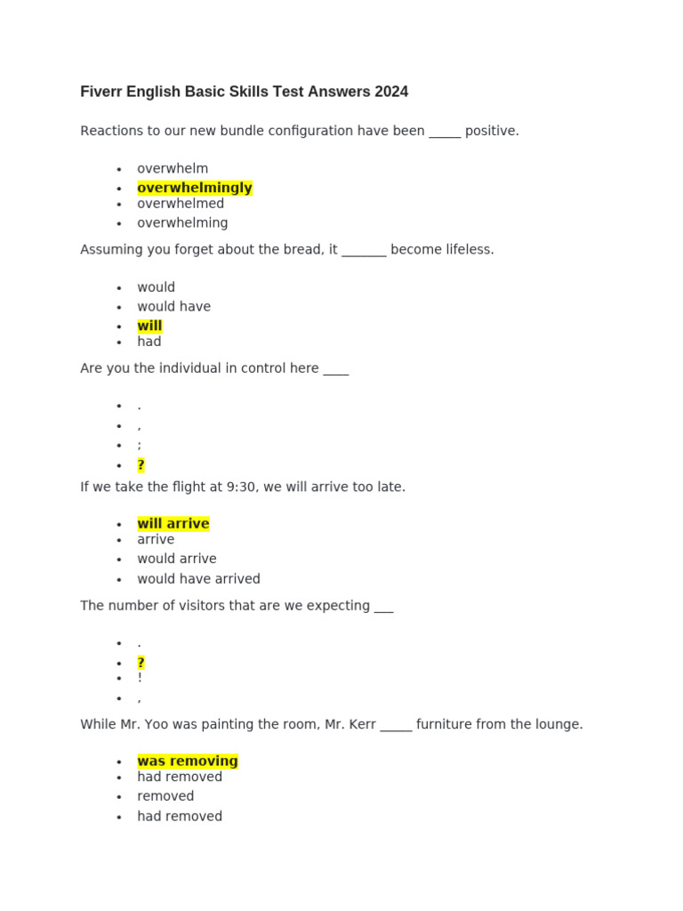 Fiverr English Basic Skills Test Answers 2024 | PDF | Foods