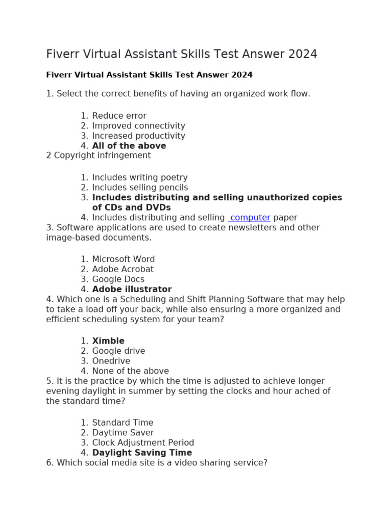 Fiverr Virtual Assistant Skills Test Answer 2024 AI | PDF | Search ...