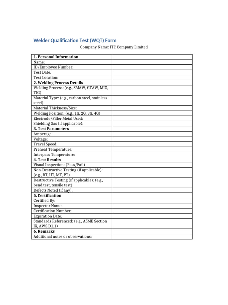 Welder Qualification Test Form Table ITC | PDF