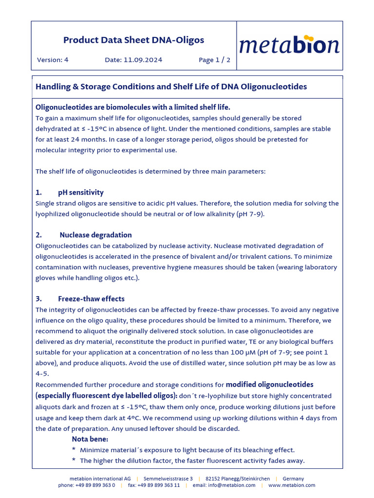 Data Sheet DNA Oligonucleotides v4 | PDF | Oligonucleotide | Ph