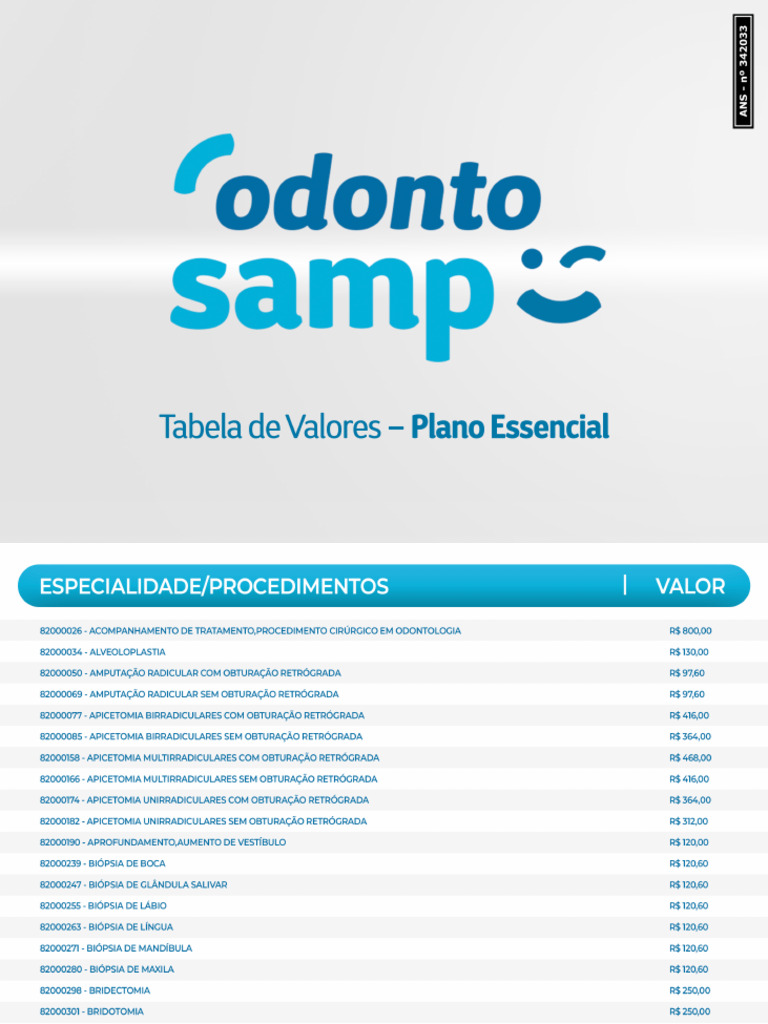 Tabela de Atendimento Plano Essencial - Samp e São Bernardo Odonto | PDF