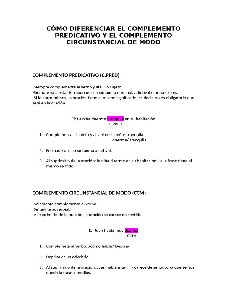 CÓMO DIFERENCIAR EL COMPLEMENTO PREDICATIVO Y EL COMPLEMENTO CIRCUNSTANCIAL DE MODO | PDF