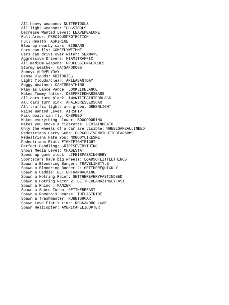 GTA Vice City Cheats | PDF