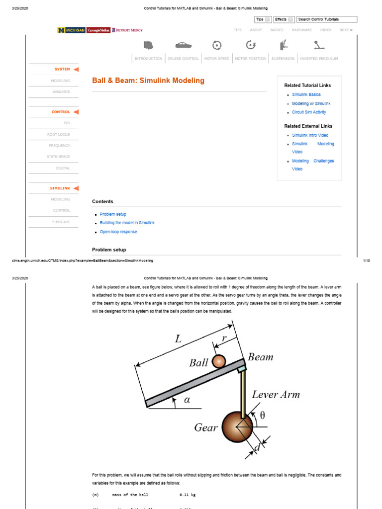 16 Control Tutorials For Matlab And Simulink Ball And Beam Simulink Modeling Pdf Equations