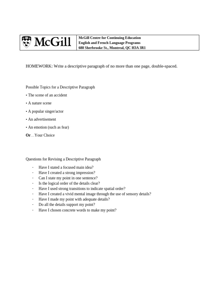 Writing 4 Descriptive Paragraph | PDF