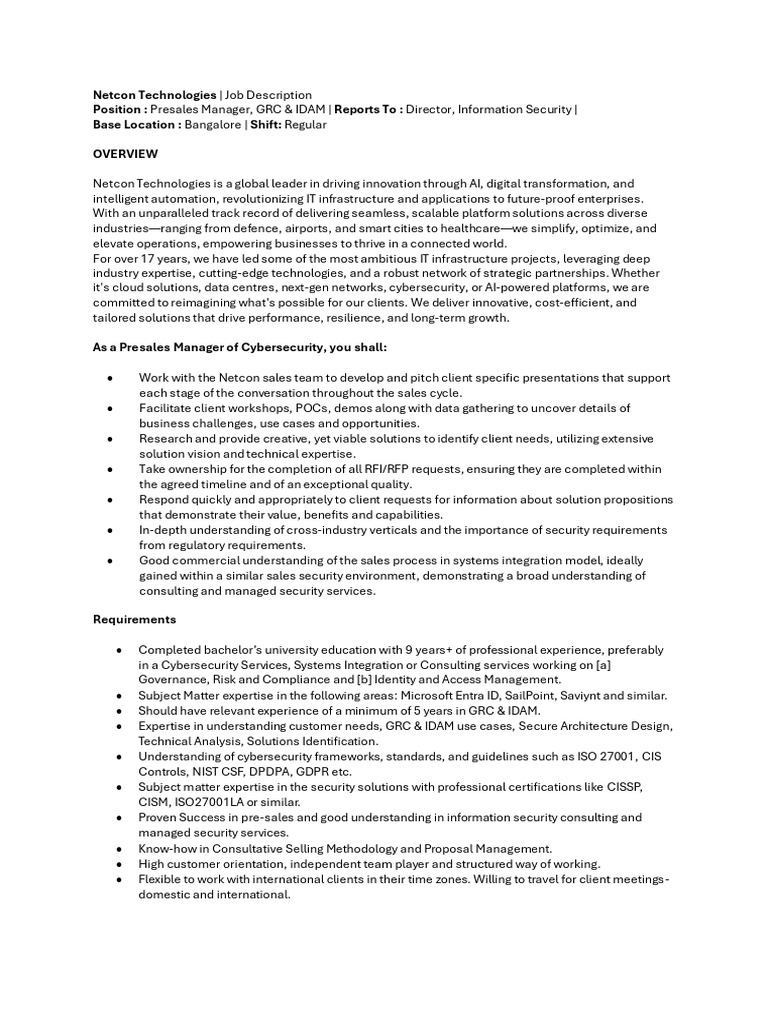 Presales Manager Job Description - GRC & IDAM | PDF | Computer Security ...