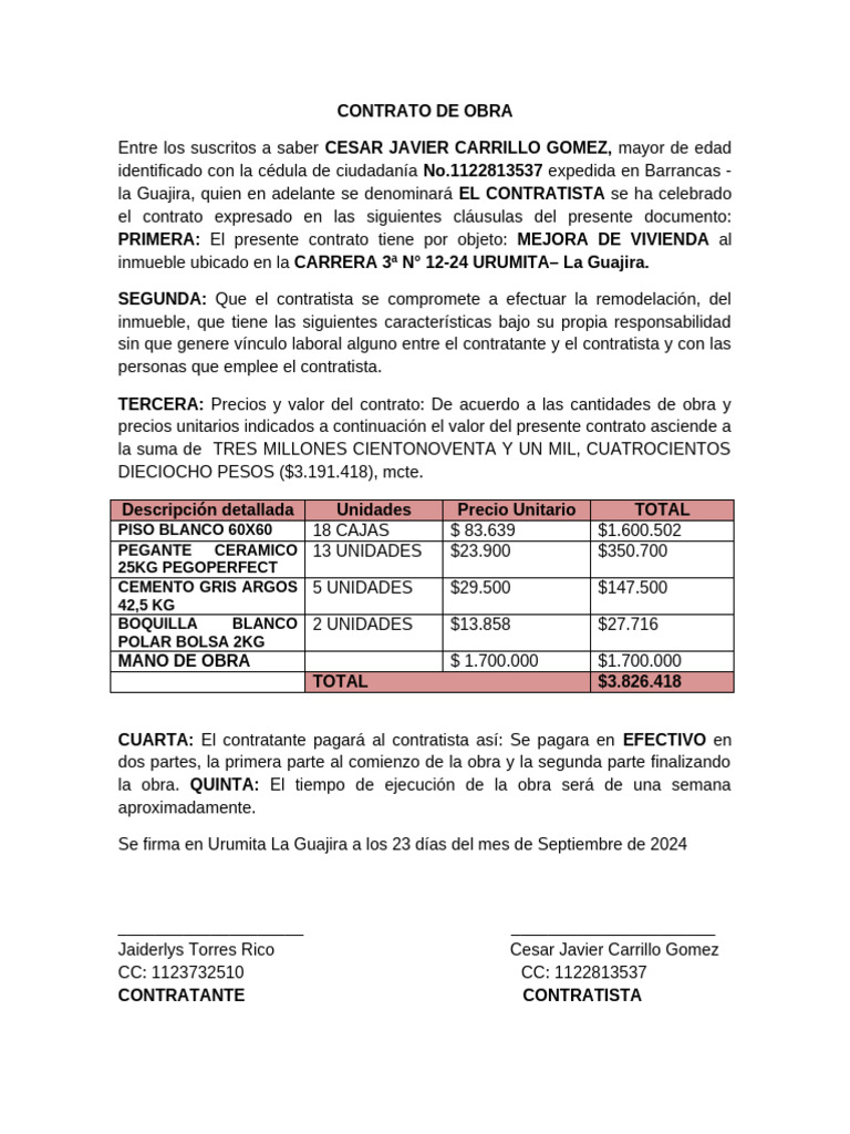 Modelo de Contrato de Obra Andrea | PDF