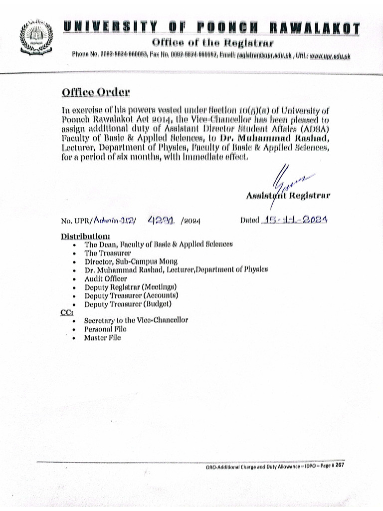 Office Order - Assistant Director Student Affair | PDF