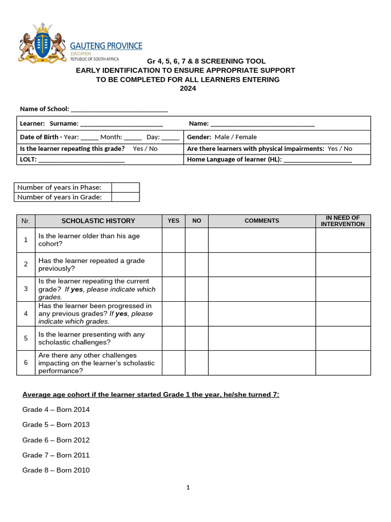 2024 Learner Screening Tool for Grades 4-8 | PDF