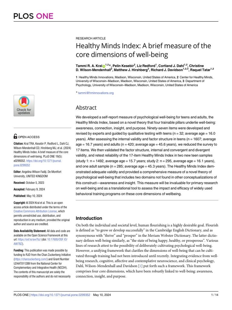 Healthy Minds Index: Well-Being Measure | PDF | Experience | Validity ...