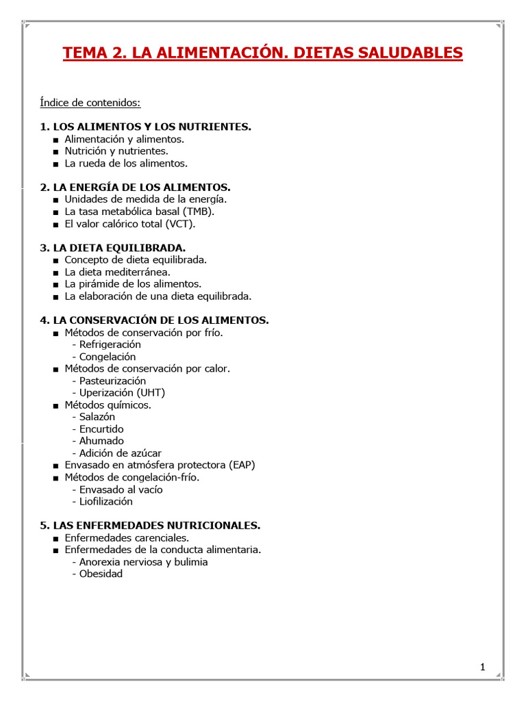 Tema 2. La Alimentación. Dietas Saludables | PDF | Caloría | Dieta