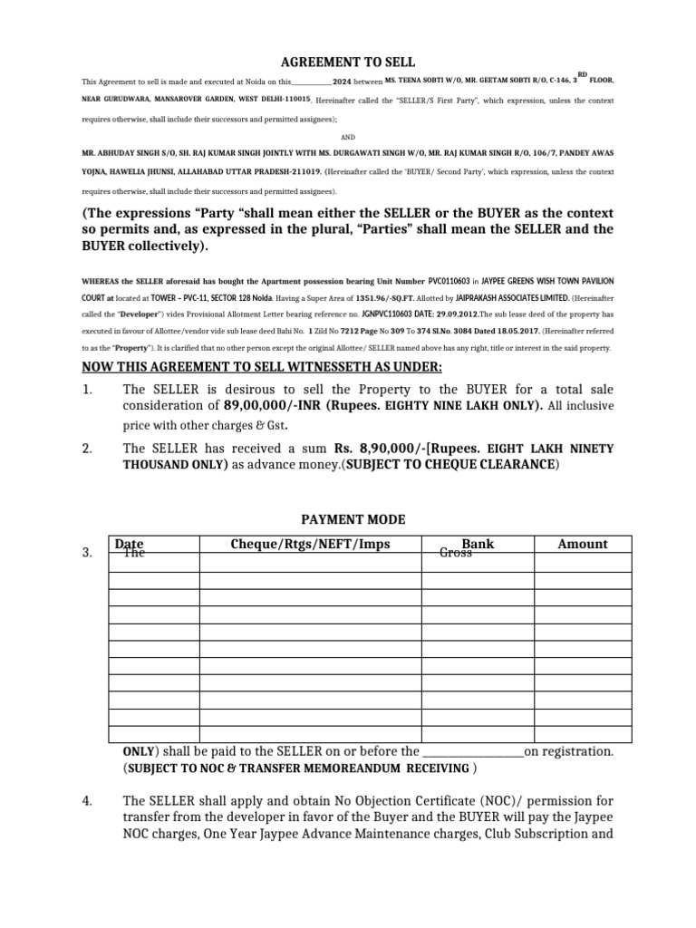 Soft Copy of Registered Agreement To Sell PVC 11 - 603 | PDF | Property ...