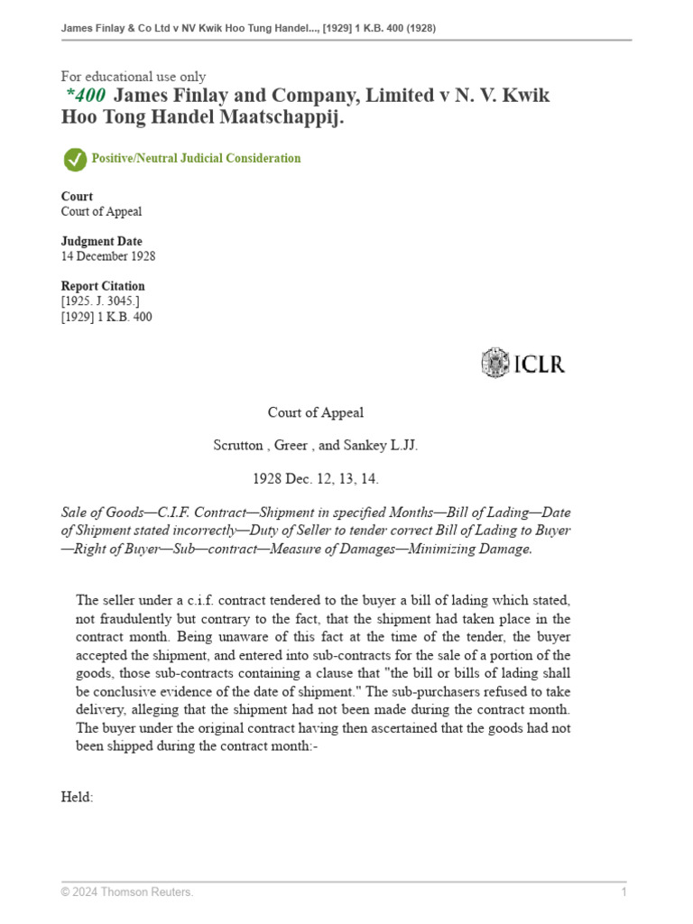 James Finlay v NV Kwik Hoo Tung Case | PDF | Damages | Bill Of Lading