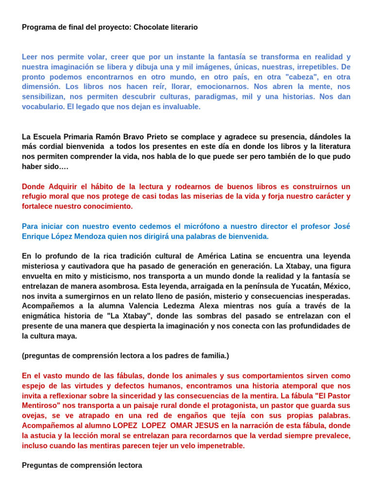 Programa de Lectura: Chocolate Literario | PDF | Cuentos | Fábula