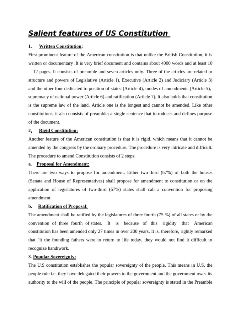 Key Features of the US Constitution | PDF | Constitutional Amendment ...