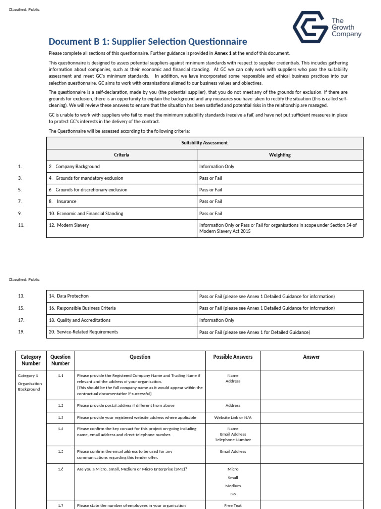 Document B - Part 1 Supplier Selection Questionnaire and Guidance ...
