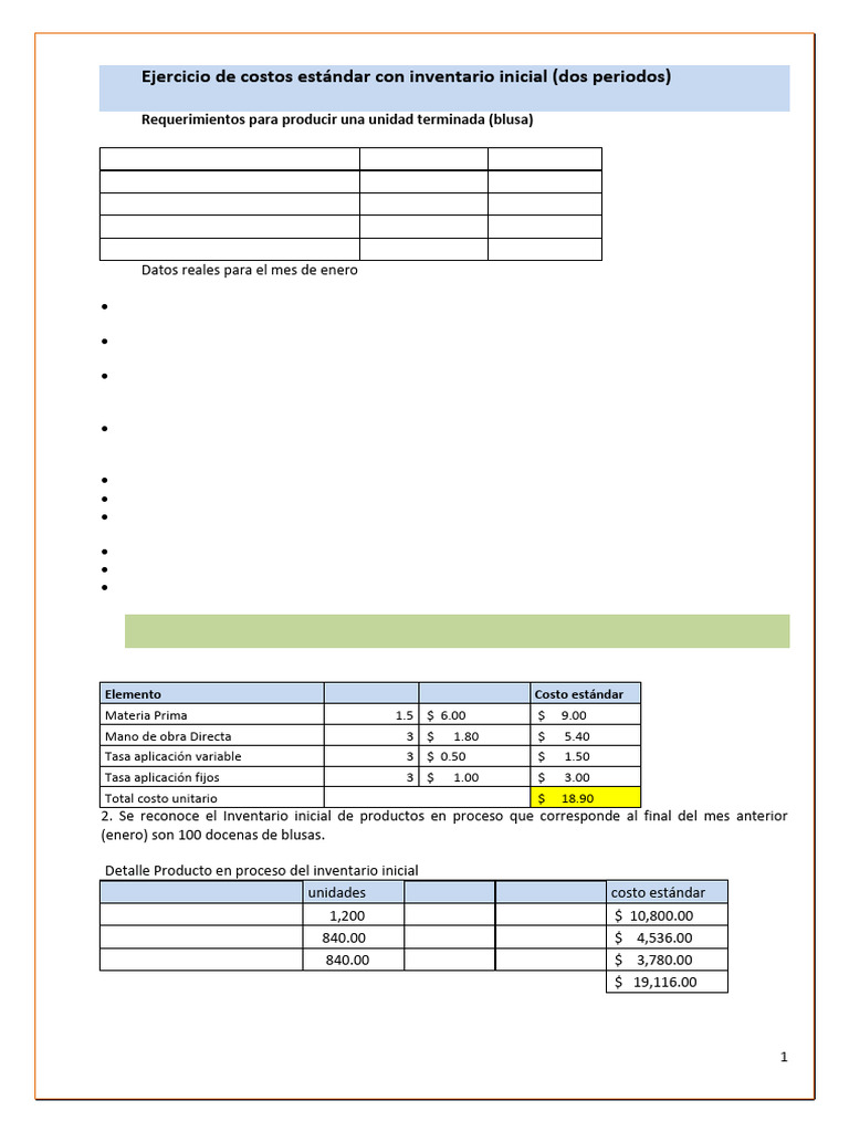 Ejercicio de Costos Estándar Con Inventario Inicial | PDF | Salario ...
