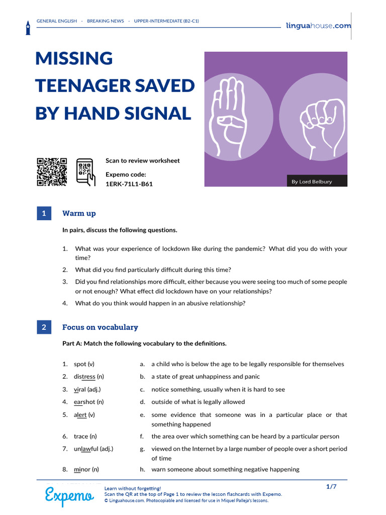 Missing Teenager Saved by Hand Signal British English Teacher B2 C1 | PDF