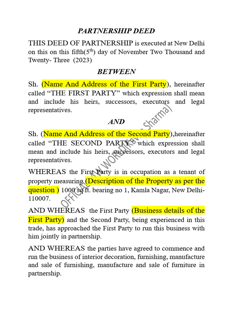 PARTNERSHIP DEED[1] | PDF | Debits And Credits | Partnership