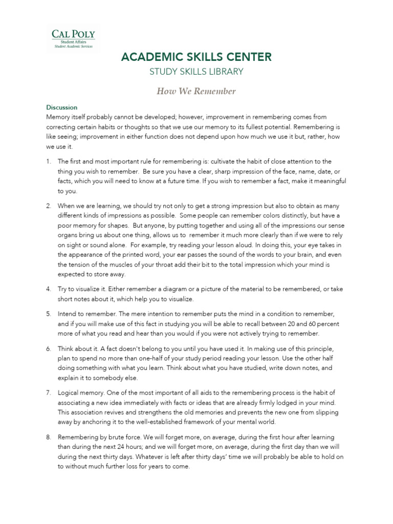 EXTRA - Memorization Learning | PDF | Memory | Study Skills