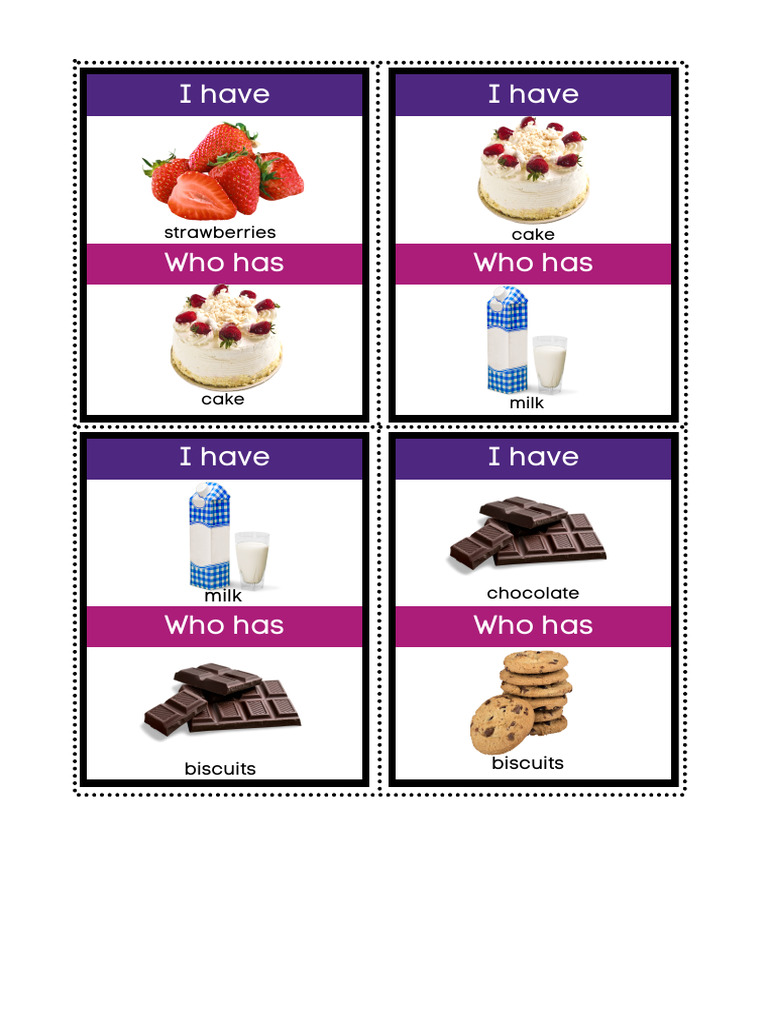I Have Who Has GAME CARDS food | PDF