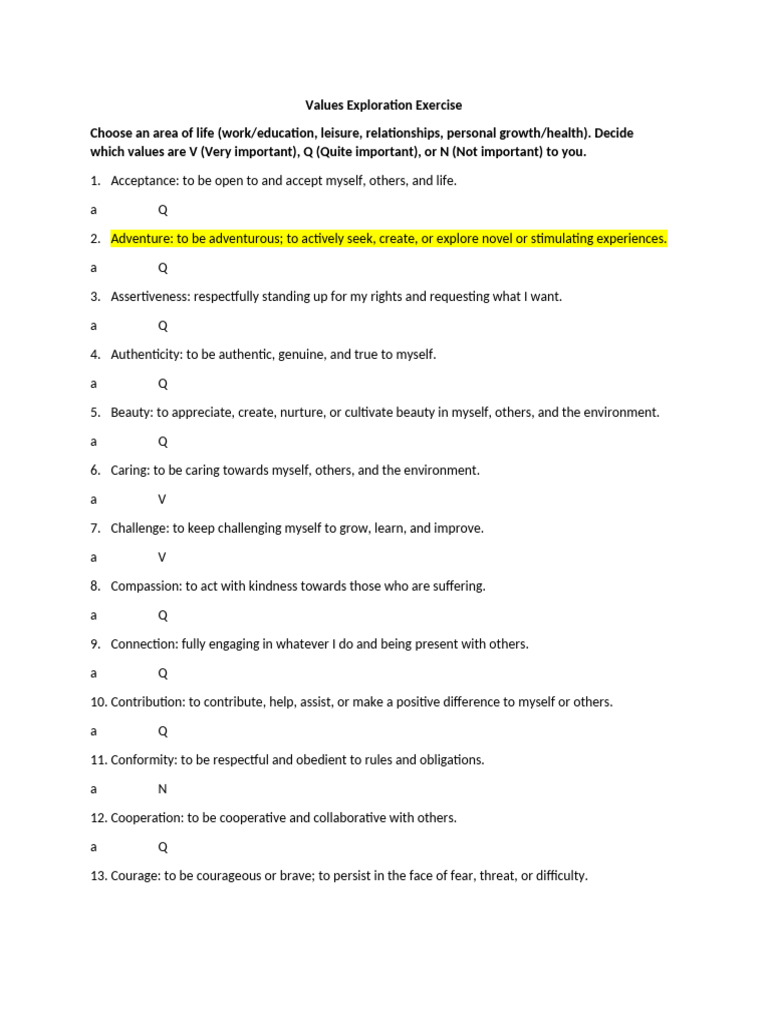 Values-Exploration-Exercise | PDF | Love | Romance (Love)