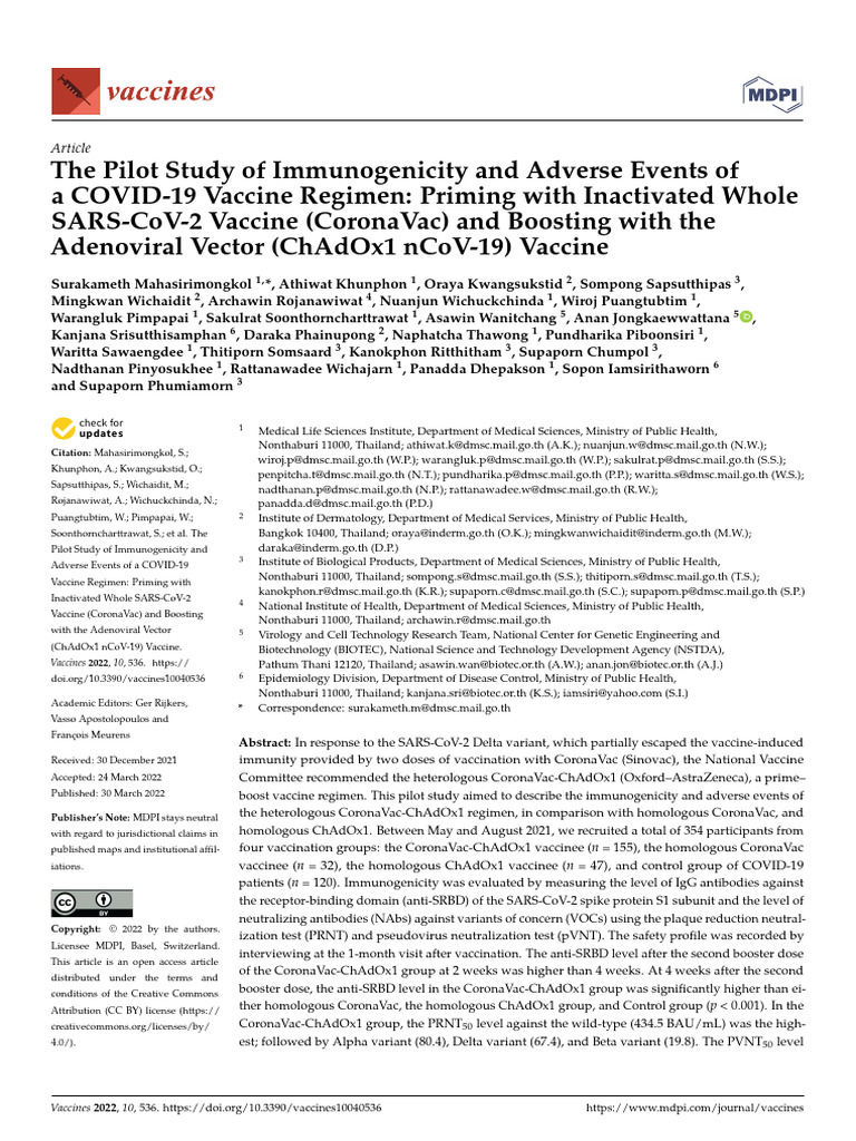 The Pilot Study of Immunogenicity and Adverse Events of a COVID-19 ...