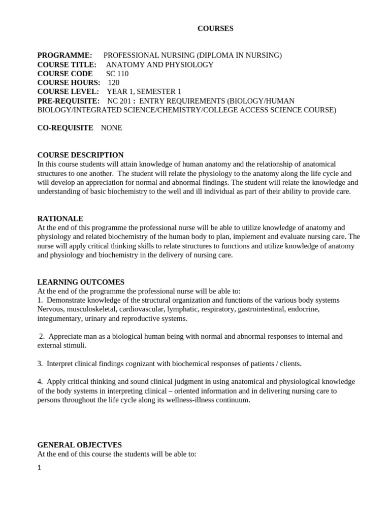 Anatomy and Physiology Course Outline | PDF | Human Body | Lung