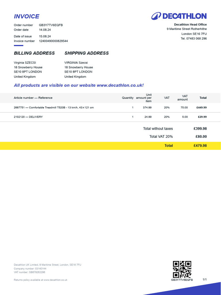 Decathlon Invoice for Treadmill Purchase | PDF