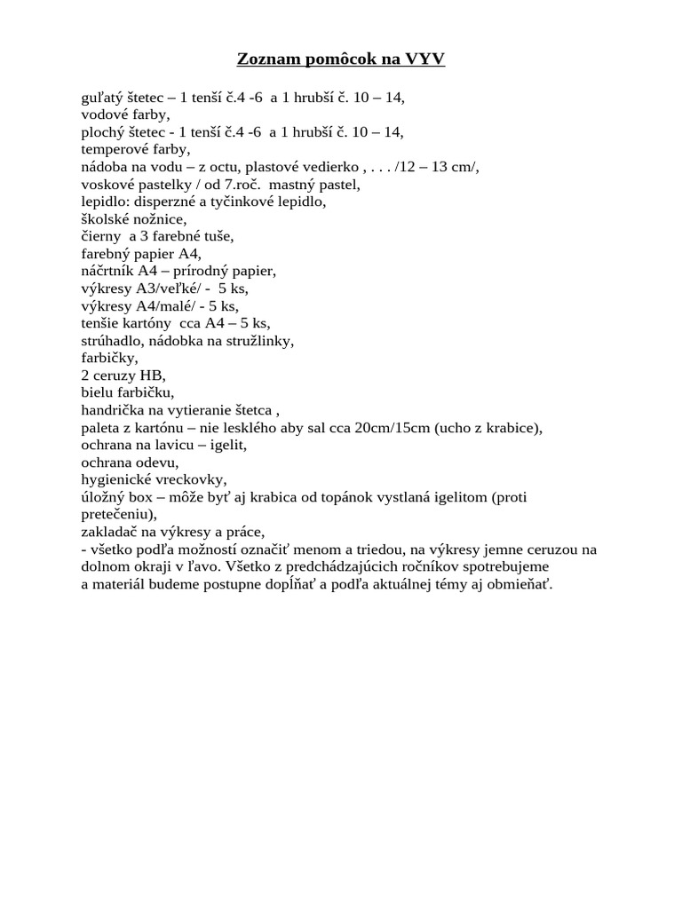 Zoznam Pomôcok Na VYV | PDF