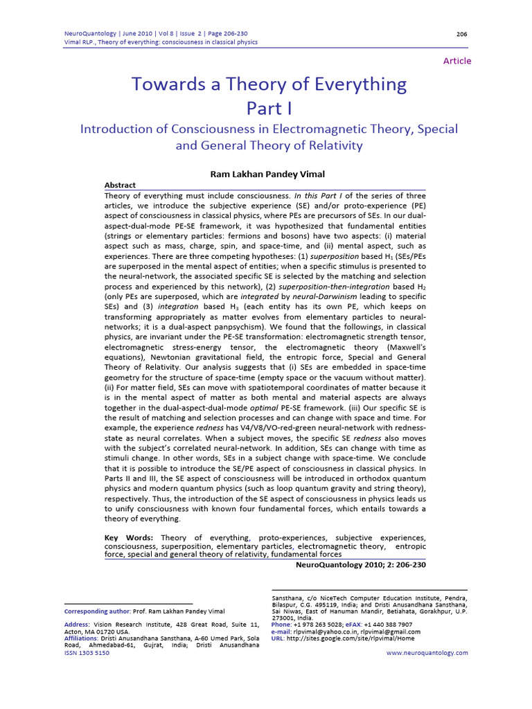 Towards A Theory of Everything, Part I Introduction of Consciousness in ...