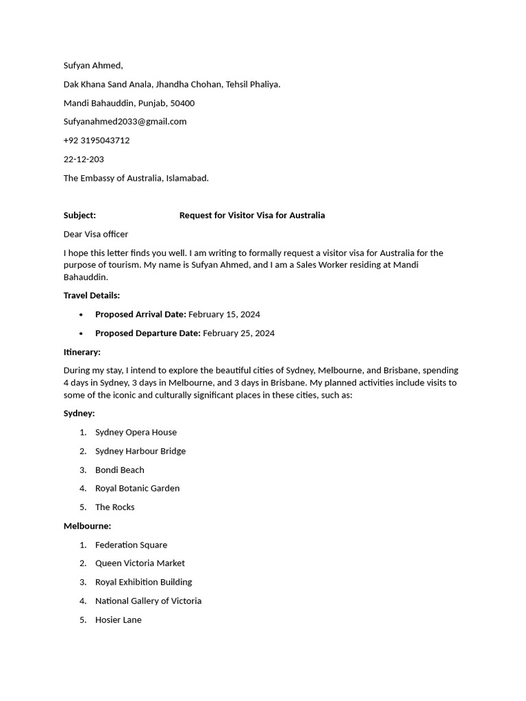 Visitor Visa Request for Australia | PDF