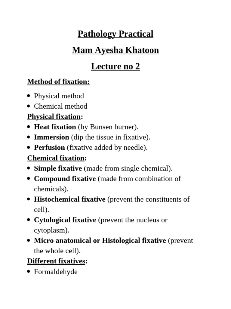 Pathology Practical Fixation Methods | PDF