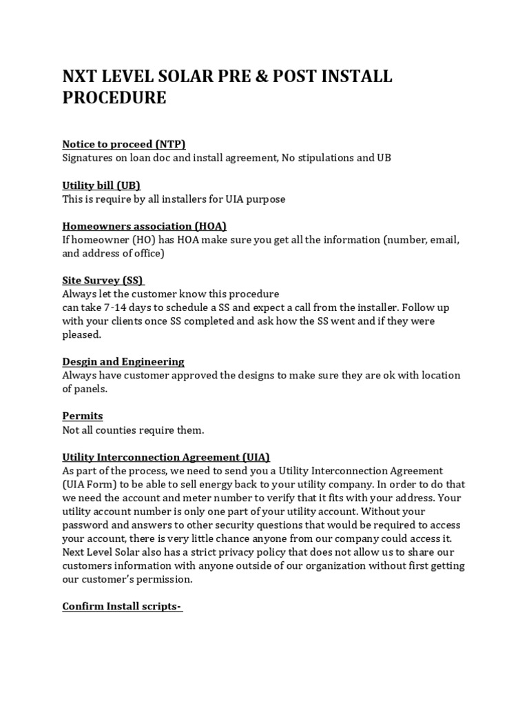 NXT Level Solar Pre 0 Post Install Procedure | PDF