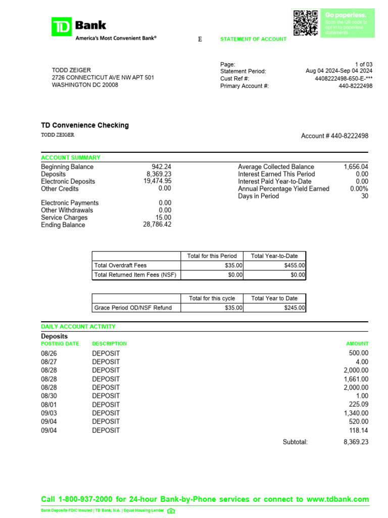TD Bank Account Statement Summary | PDF | Credit Card | Banks