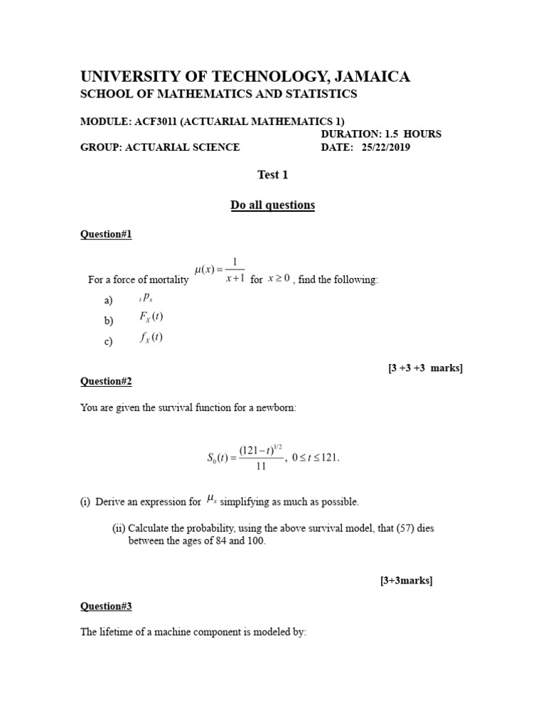 Actuarial Mathematics 1 (Test 1) 18-19 | PDF