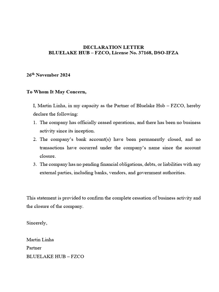 Declaration Letter Blue Lake | PDF