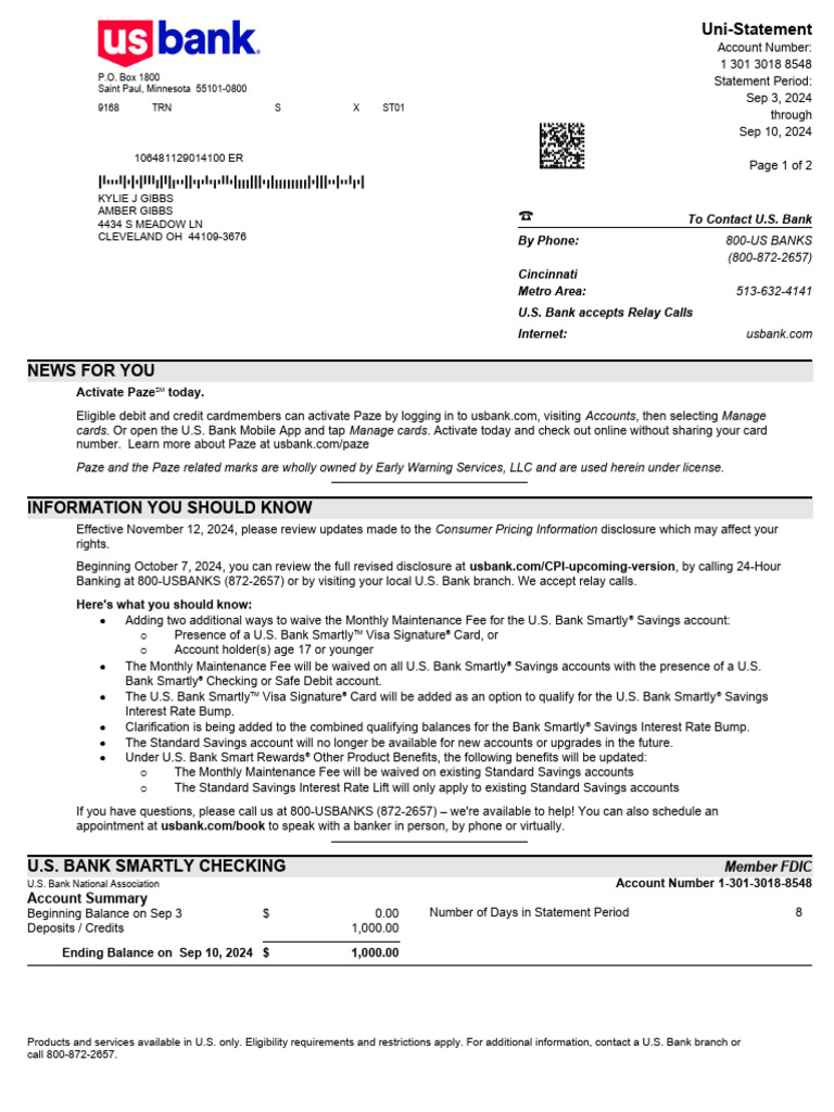 2024-09-10 Statement - USB Checking 8548 | PDF | Credit Card | Debit Card