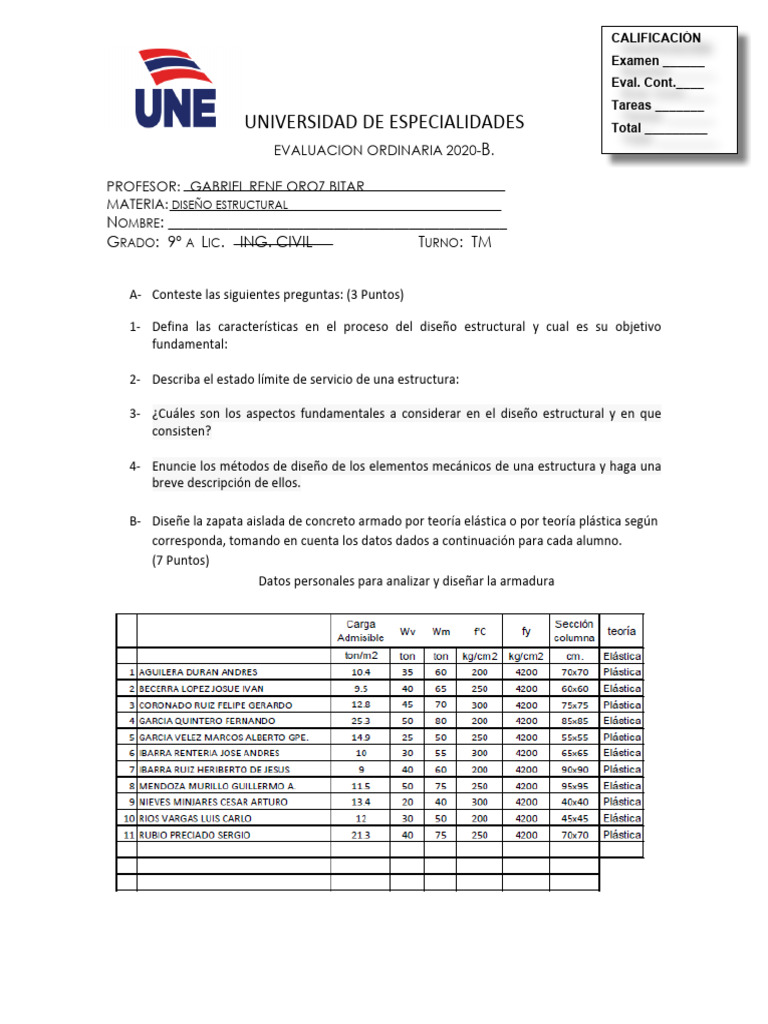 FORMATO DE EXAMEN 9o civil d iseño estructural 2020B | PDF