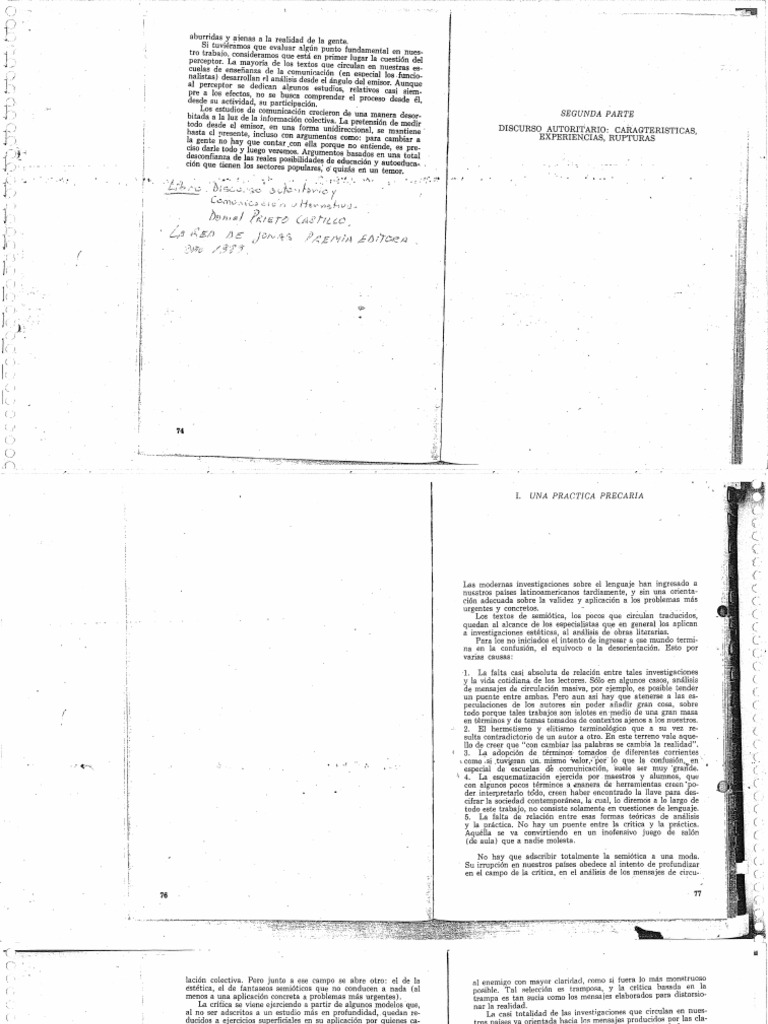 Discurso Autoritario - Caracteristicas, Experiencias y Rupturas - Daniel Prieto CAstillo | PDF