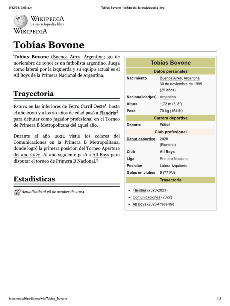 Tobías Bovone - Wikipedia, La Enciclopedia Libre | PDF
