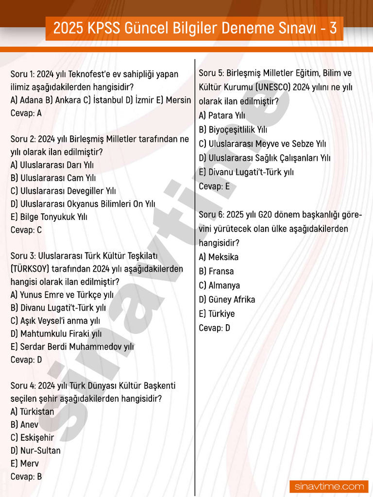 2025 Kpss Guncel Bilgiler Deneme Sinavi 3 | PDF