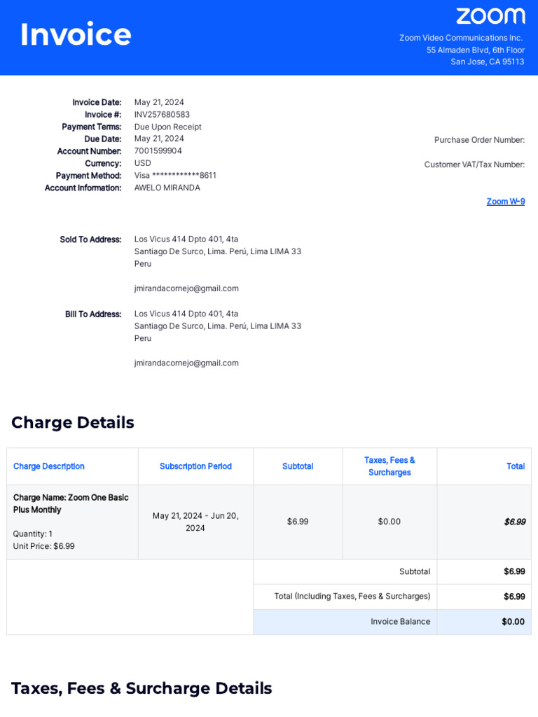 Zoom Invoice for Subscription Services | PDF | Fee | Invoice
