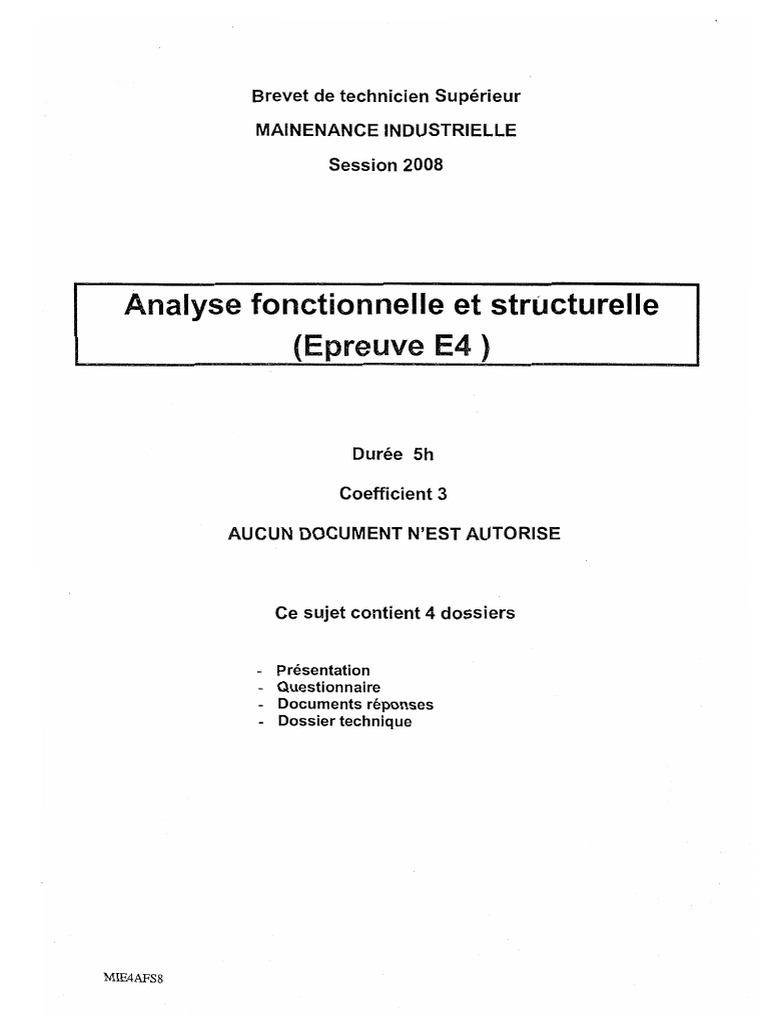 Annale 19768 BTS MI Analyse Fonctionnelle Et Structurelle 2008 | PDF