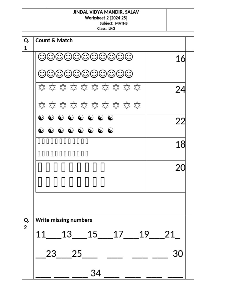 LKG Maths Worksheet 2 2024 25 | PDF