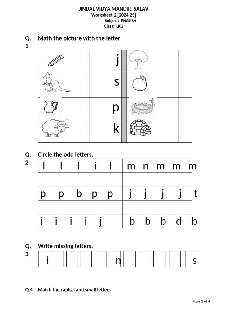 LKG Eng Worksheet 2 2024 25 | PDF