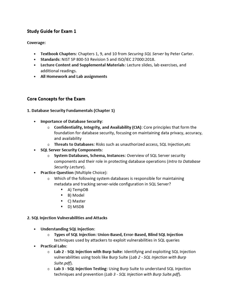 Exam 1 Study Guide | PDF | Sql | Databases
